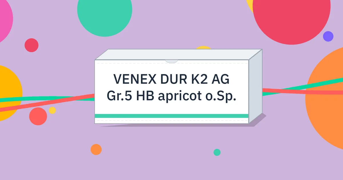 Symbolbild: Packung mit der Aufschrift VENEX DUR K2 AG Gr.5 HB apricot o.Sp. (PZN 03220943) – Verfügbarkeit und Bezug in Apotheken in Frankfurt am Main