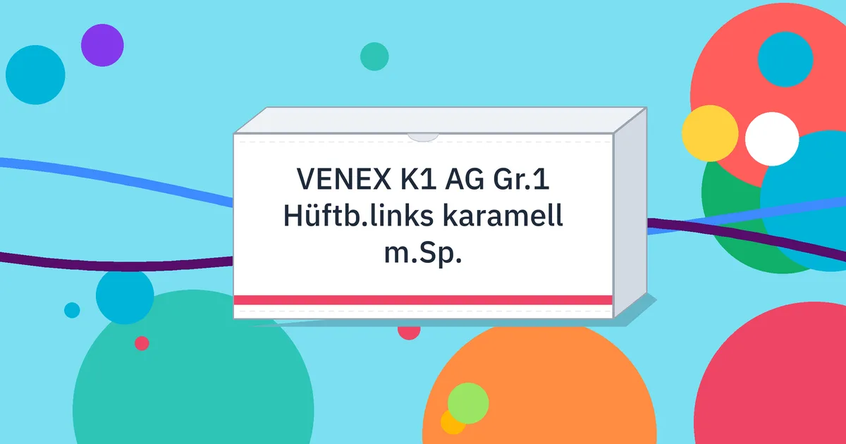 Symbolbild: Packung mit der Aufschrift VENEX K1 AG Gr.1 Hüftb.links karamell m.Sp. (PZN 13760907) – Verfügbarkeit und Bezug in Apotheken in Frankfurt am Main