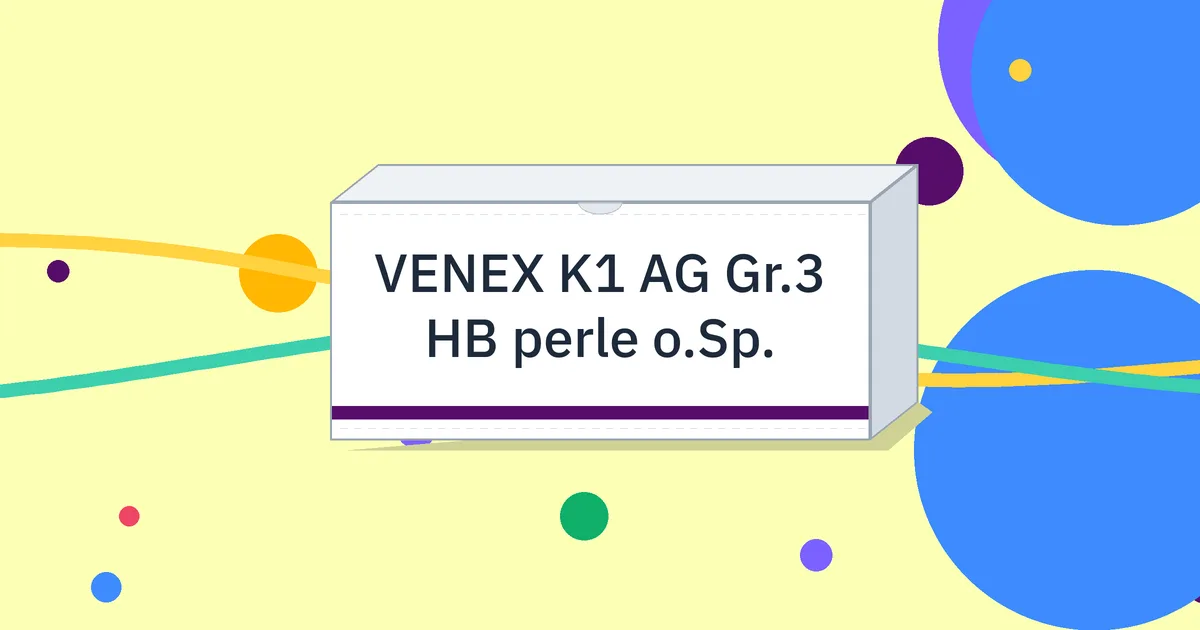 Symbolbild: Packung mit der Aufschrift VENEX K1 AG Gr.3 HB perle o.Sp. (PZN 03192997) – Verfügbarkeit und Bezug in Apotheken in Frankfurt am Main
