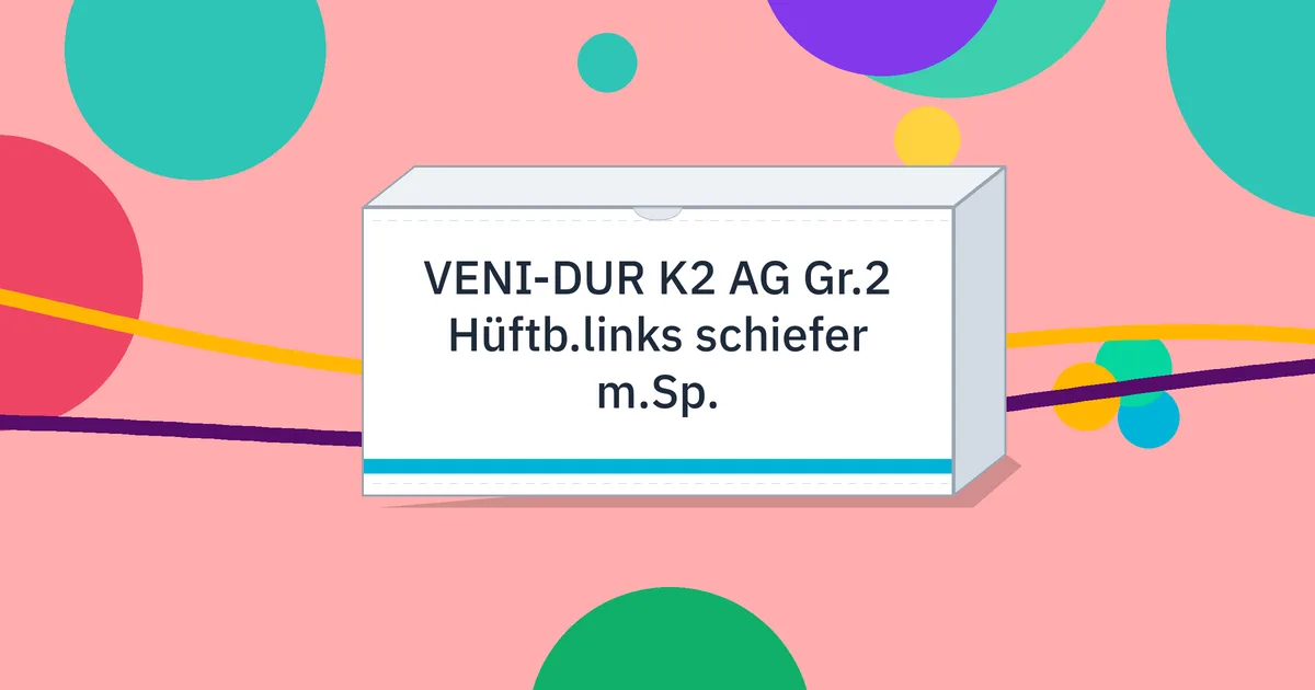 Symbolbild: Packung mit der Aufschrift VENI-DUR K2 AG Gr.2 Hüftb.links schiefer m.Sp. (PZN 03249384) – Verfügbarkeit und Bezug in Apotheken in Frankfurt am Main