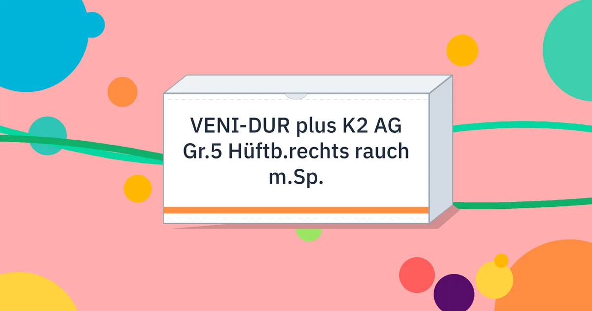 Symbolbild: Packung mit der Aufschrift VENI-DUR plus K2 AG Gr.5 Hüftb.rechts rauch m.Sp. (PZN 03255462) – Verfügbarkeit und Bezug in Apotheken in Frankfurt am Main