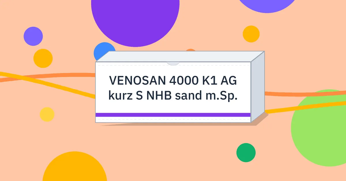 Symbolbild: Packung mit der Aufschrift VENOSAN 4000 K1 AG kurz S NHB sand m.Sp. (PZN 14422259) – Verfügbarkeit und Bezug in Apotheken in Frankfurt am Main