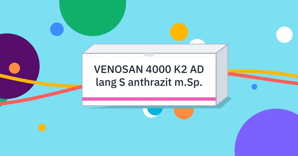 Symbolbild: Packung mit der Aufschrift VENOSAN 4000 K2 AD lang S anthrazit m.Sp. (PZN 16601500) – Verfügbarkeit und Bezug in Apotheken in Frankfurt am Main