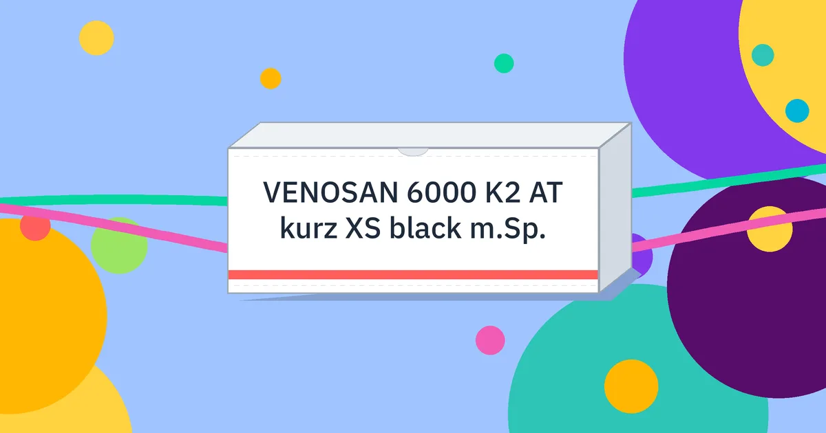 Symbolbild: Packung mit der Aufschrift VENOSAN 6000 K2 AT kurz XS black m.Sp. (PZN 17173294) – Verfügbarkeit und Bezug in Apotheken in Frankfurt am Main