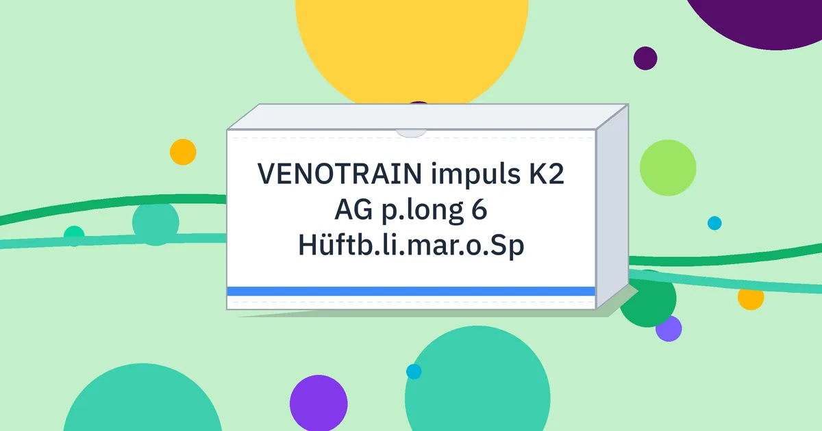 Symbolbild: Packung mit der Aufschrift VENOTRAIN impuls K2 AG p.long 6 Hüftb.li.mar.o.Sp (PZN 15219276) – Verfügbarkeit und Bezug in Apotheken in Frankfurt am Main