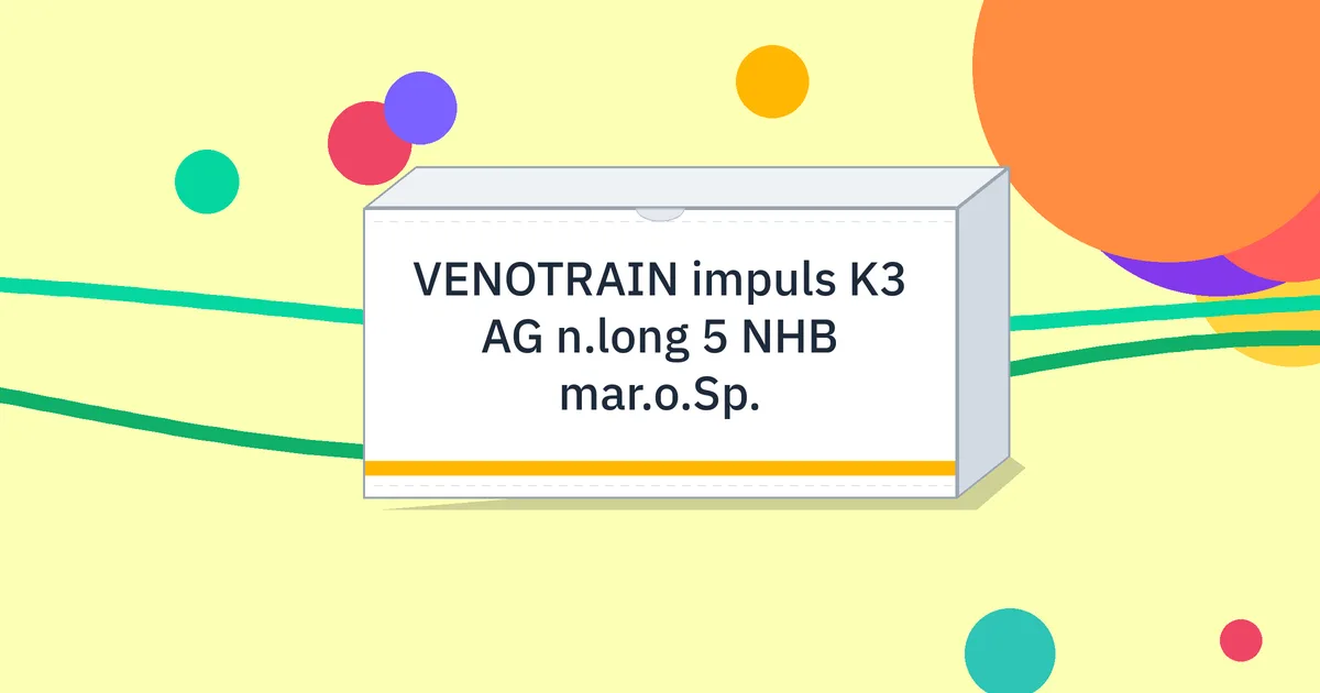 Symbolbild: Packung mit der Aufschrift VENOTRAIN impuls K3 AG n.long 5 NHB mar.o.Sp. (PZN 15215634) – Verfügbarkeit und Bezug in Apotheken in Frankfurt am Main