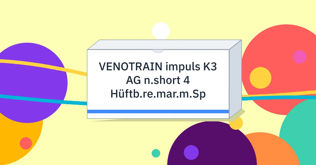 Symbolbild: Packung mit der Aufschrift VENOTRAIN impuls K3 AG n.short 4 Hüftb.re.mar.m.Sp (PZN 15217550) – Verfügbarkeit und Bezug in Apotheken in Frankfurt am Main