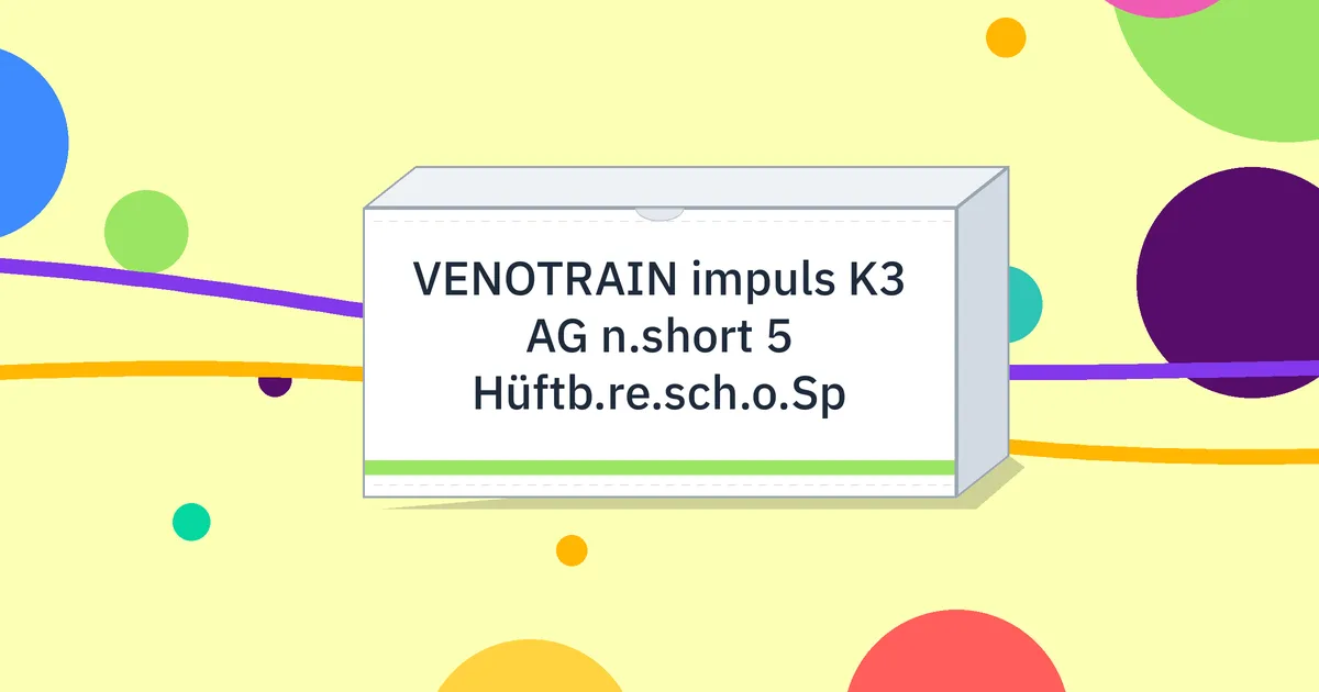 Symbolbild: Packung mit der Aufschrift VENOTRAIN impuls K3 AG n.short 5 Hüftb.re.sch.o.Sp (PZN 10294103) – Verfügbarkeit und Bezug in Apotheken in Frankfurt am Main