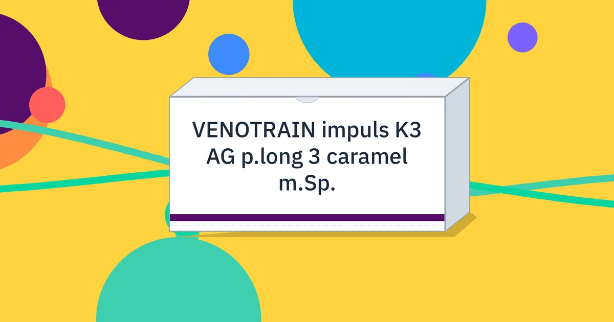 Symbolbild: Packung mit der Aufschrift VENOTRAIN impuls K3 AG p.long 3 caramel m.Sp. (PZN 00496739) – Verfügbarkeit und Bezug in Apotheken in Frankfurt am Main