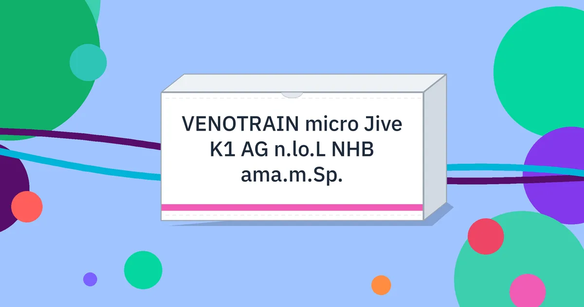 Symbolbild: Packung mit der Aufschrift VENOTRAIN micro Jive K1 AG n.lo.L NHB ama.m.Sp. (PZN 17764960) – Verfügbarkeit und Bezug in Apotheken in Frankfurt am Main