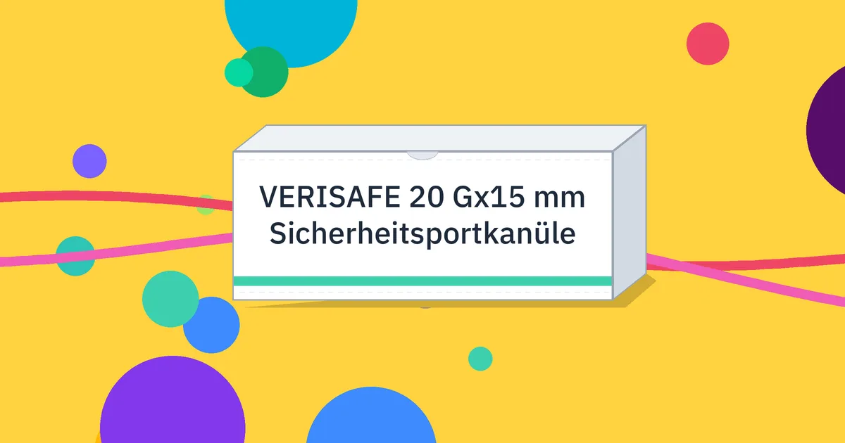 Symbolbild: Packung mit der Aufschrift VERISAFE 20 Gx15 mm Sicherheitsportkanüle (PZN 19173973) – Verfügbarkeit und Bezug in Apotheken in Frankfurt am Main