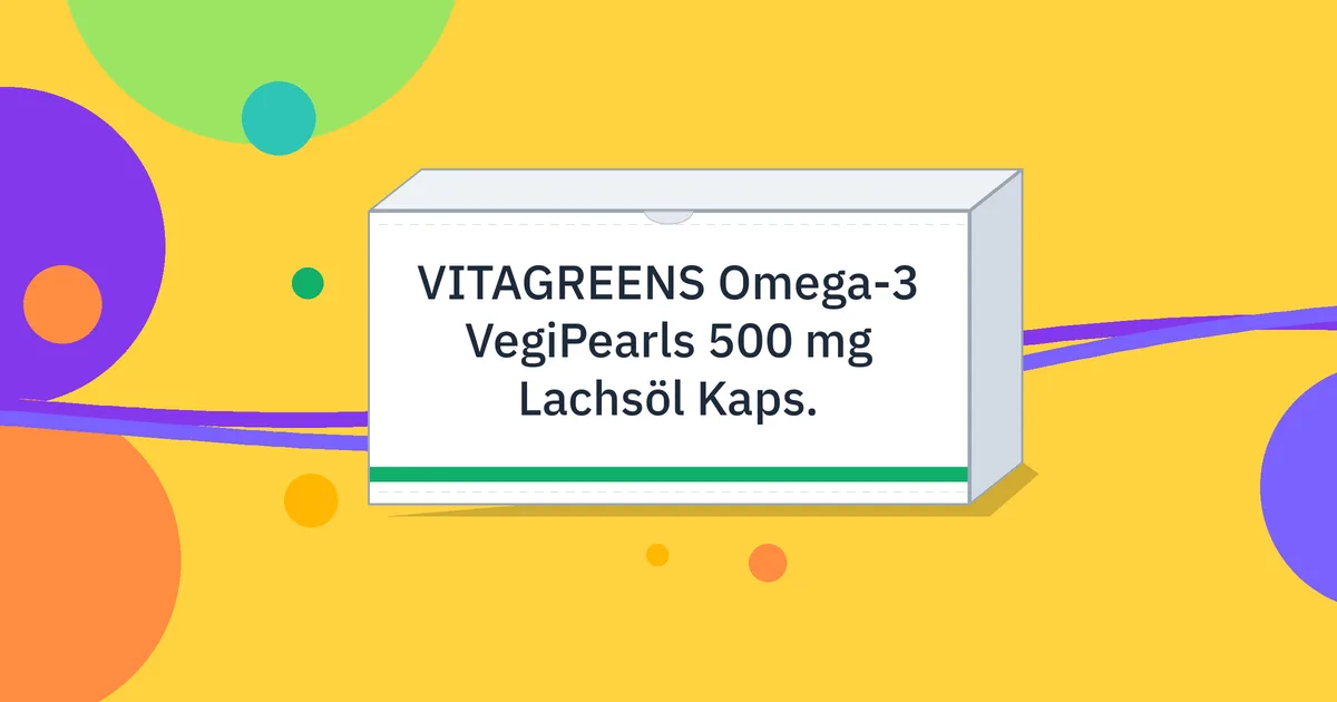 Symbolbild: Packung mit der Aufschrift VITAGREENS Omega-3 VegiPearls 500 mg Lachsöl Kaps. (PZN 00607452) – Verfügbarkeit und Bezug in Apotheken in Frankfurt am Main