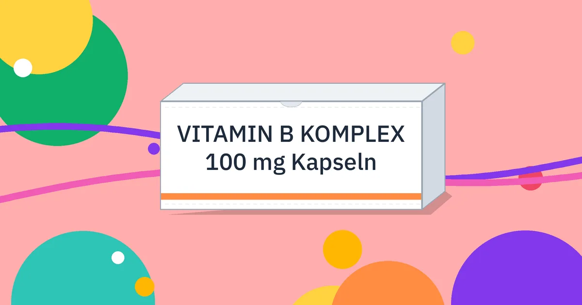 Symbolbild: Packung mit der Aufschrift VITAMIN B KOMPLEX 100 mg Kapseln (PZN 18487215) – Verfügbarkeit und Bezug in Apotheken in Frankfurt am Main