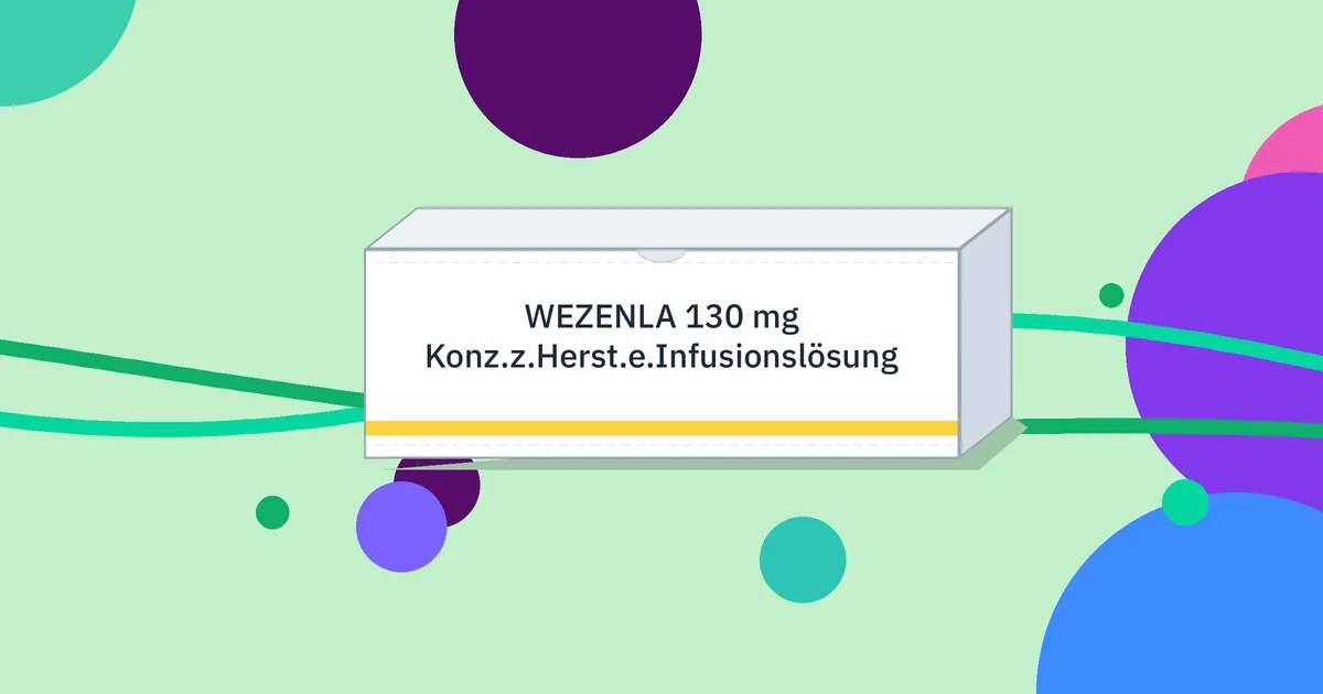 Symbolbild: Packung mit der Aufschrift WEZENLA 130 mg Konz.z.Herst.e.Infusionslösung (PZN 19477549) – Verfügbarkeit und Bezug in Apotheken in Frankfurt am Main