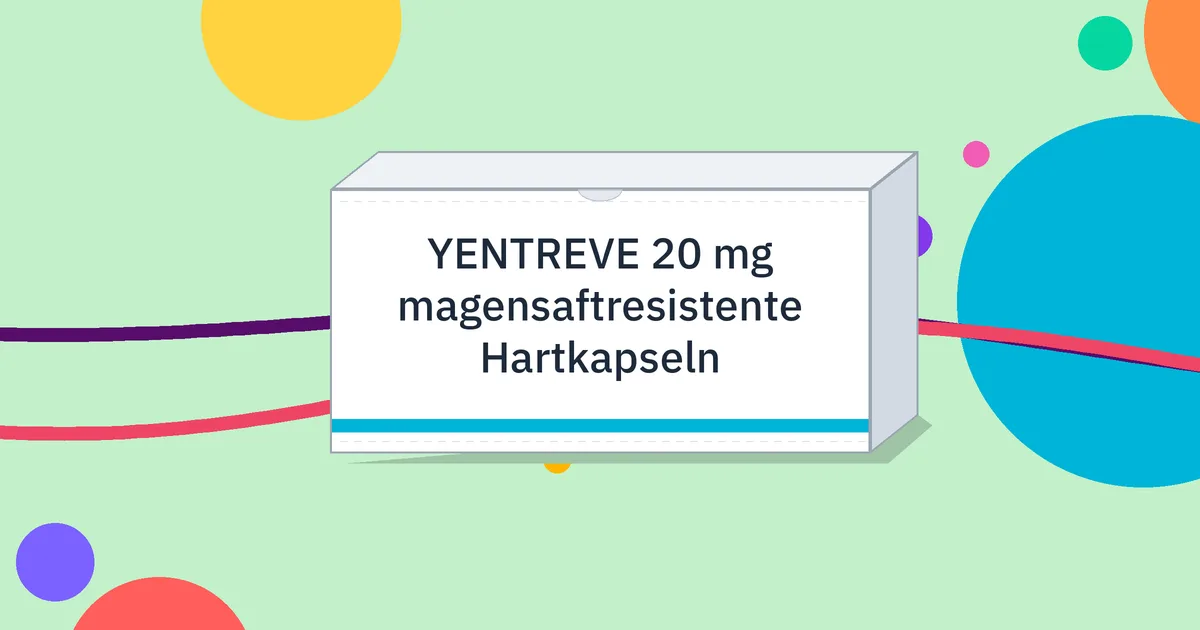 Symbolbild: Packung mit der Aufschrift YENTREVE 20 mg magensaftresistente Hartkapseln (PZN 09246116) – Verfügbarkeit und Bezug in Apotheken in Frankfurt am Main