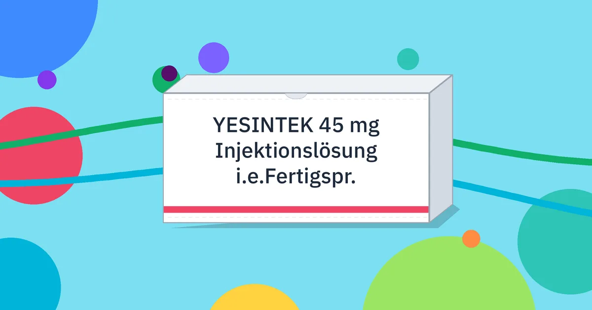 Symbolbild: Packung mit der Aufschrift YESINTEK 45 mg Injektionslösung i.e.Fertigspr. (PZN 20329239) – Verfügbarkeit und Bezug in Apotheken in Frankfurt am Main