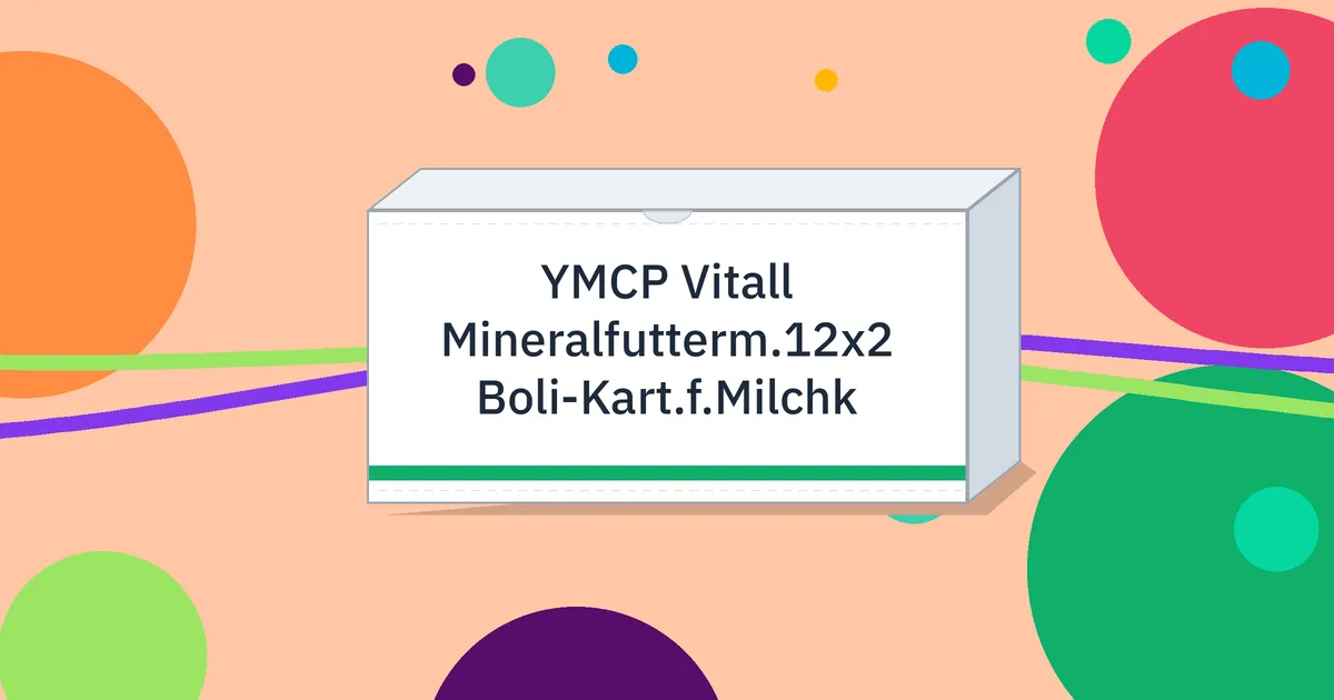 Symbolbild: Packung mit der Aufschrift YMCP Vitall Mineralfutterm.12x2 Boli-Kart.f.Milchk (PZN 20003934) – Verfügbarkeit und Bezug in Apotheken in Frankfurt am Main