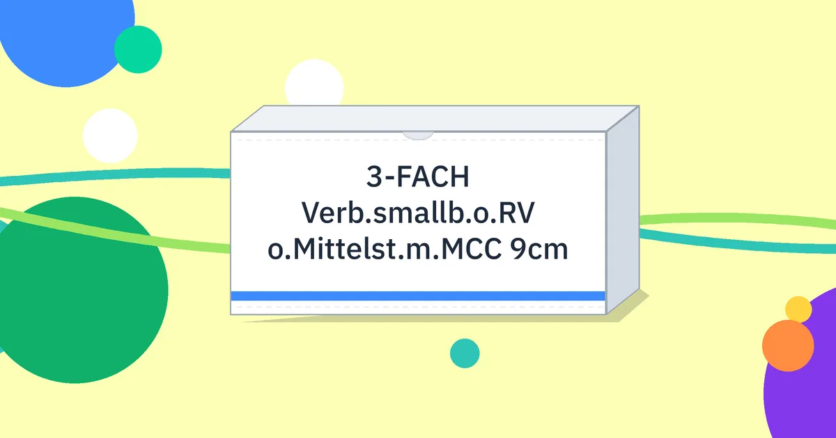 Symbolbild: Packung mit der Aufschrift 3-FACH Verb.smallb.o.RV o.Mittelst.m.MCC 9cm (PZN 18498992) – Verfügbarkeit und Bezug in Apotheken in Frankfurt am Main