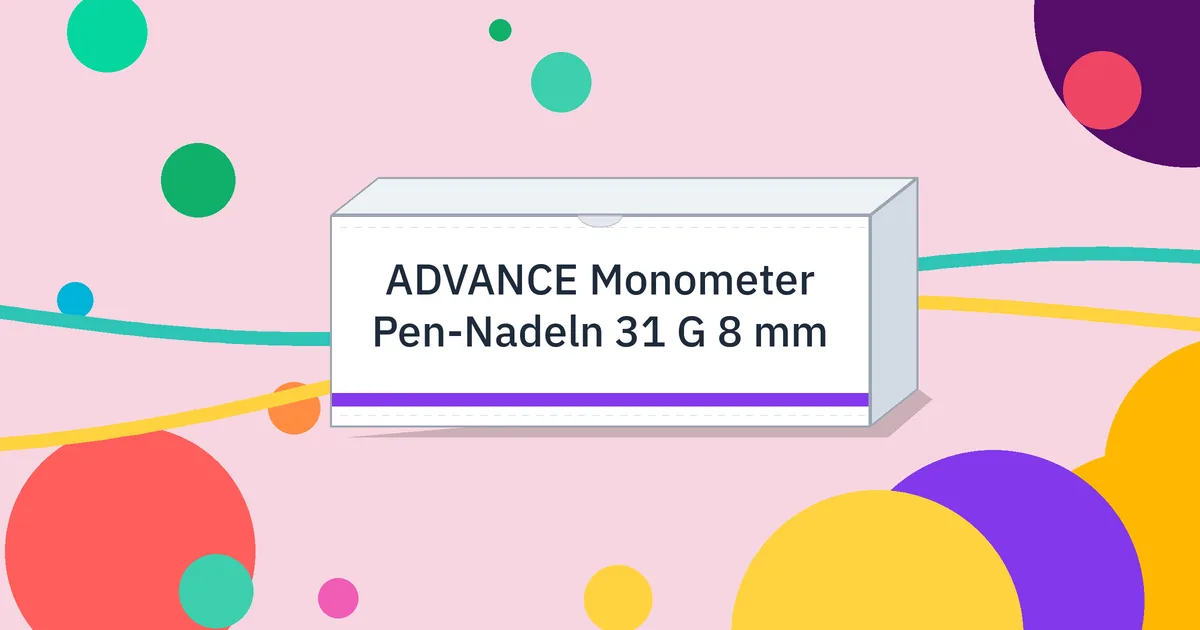 Symbolbild: Packung mit der Aufschrift ADVANCE Monometer Pen-Nadeln 31 G 8 mm (PZN 16352385) – Verfügbarkeit und Bezug in Apotheken in Frankfurt am Main