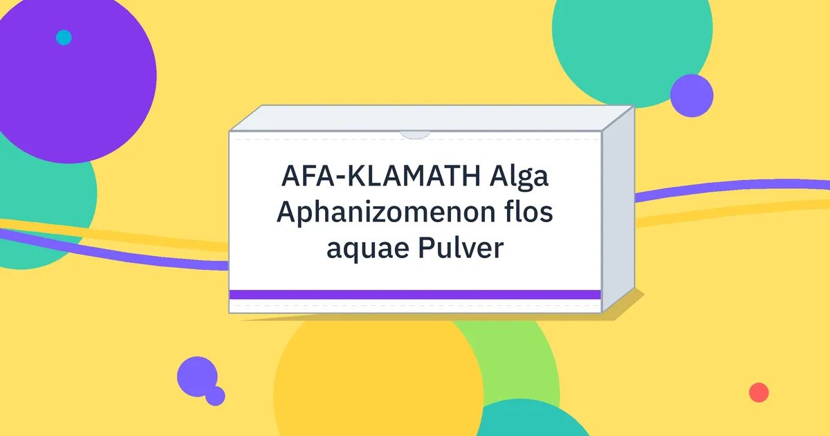 Symbolbild: Packung mit der Aufschrift AFA-KLAMATH Alga Aphanizomenon flos aquae Pulver (PZN 10008250) – Verfügbarkeit und Bezug in Apotheken in Frankfurt am Main