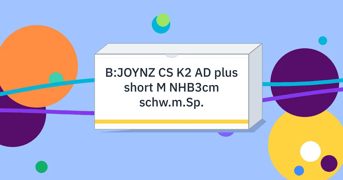 Symbolbild: Packung mit der Aufschrift B:JOYNZ CS K2 AD plus short M NHB3cm schw.m.Sp. (PZN 20526939) – Verfügbarkeit und Bezug in Apotheken in Frankfurt am Main