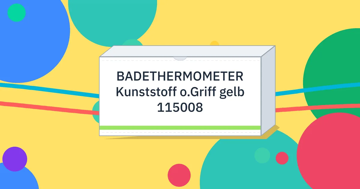 Symbolbild: Packung mit der Aufschrift BADETHERMOMETER Kunststoff o.Griff gelb 115008 (PZN 01739440) – Verfügbarkeit und Bezug in Apotheken in Frankfurt am Main