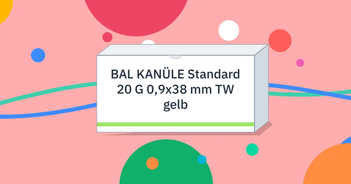 Symbolbild: Packung mit der Aufschrift BAL KANÜLE Standard 20 G 0,9x38 mm TW gelb (PZN 19124182) – Verfügbarkeit und Bezug in Apotheken in Frankfurt am Main
