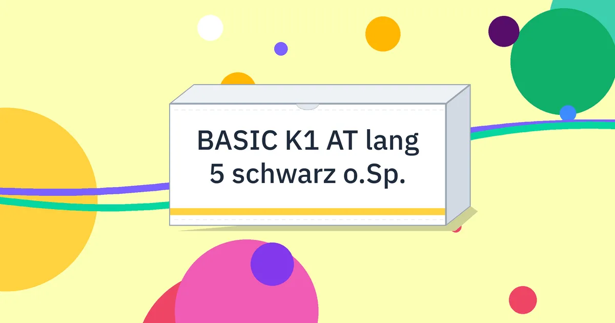 Symbolbild: Packung mit der Aufschrift BASIC K1 AT lang 5 schwarz o.Sp. (PZN 20262966) – Verfügbarkeit und Bezug in Apotheken in Frankfurt am Main