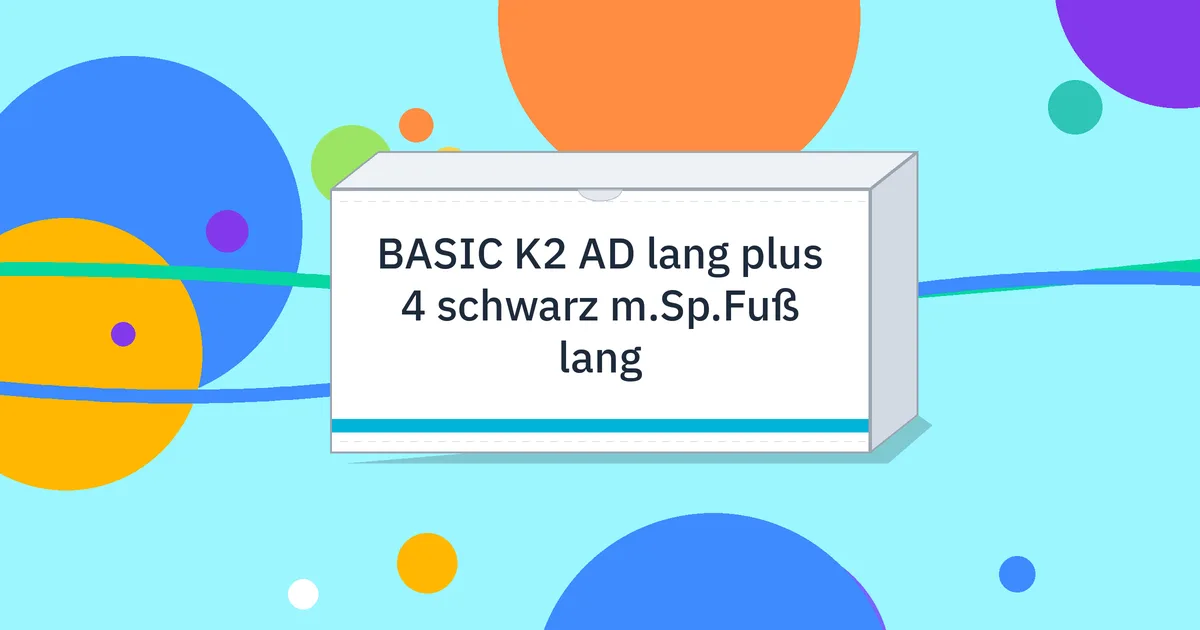 Symbolbild: Packung mit der Aufschrift BASIC K2 AD lang plus 4 schwarz m.Sp.Fuß lang (PZN 20264793) – Verfügbarkeit und Bezug in Apotheken in Frankfurt am Main