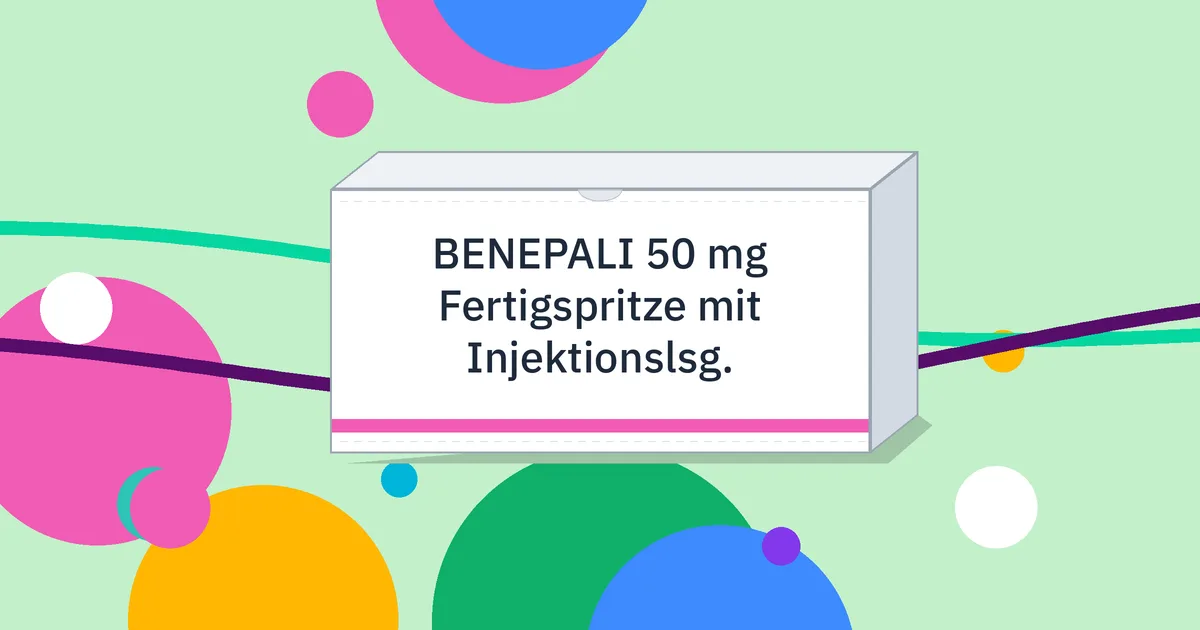 Symbolbild: Packung mit der Aufschrift BENEPALI 50 mg Fertigspritze mit Injektionslsg. (PZN 12554353) – Verfügbarkeit und Bezug in Apotheken in Frankfurt am Main
