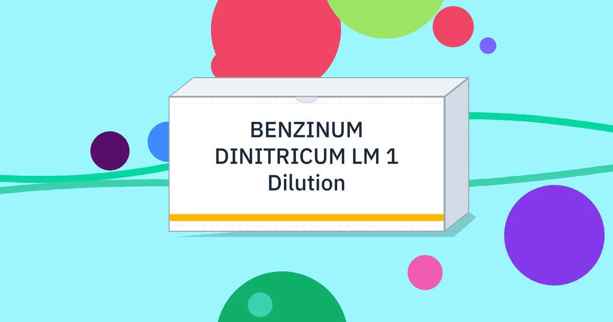 Symbolbild: Packung mit der Aufschrift BENZINUM DINITRICUM LM 1 Dilution (PZN 13381914) – Verfügbarkeit und Bezug in Apotheken in Frankfurt am Main