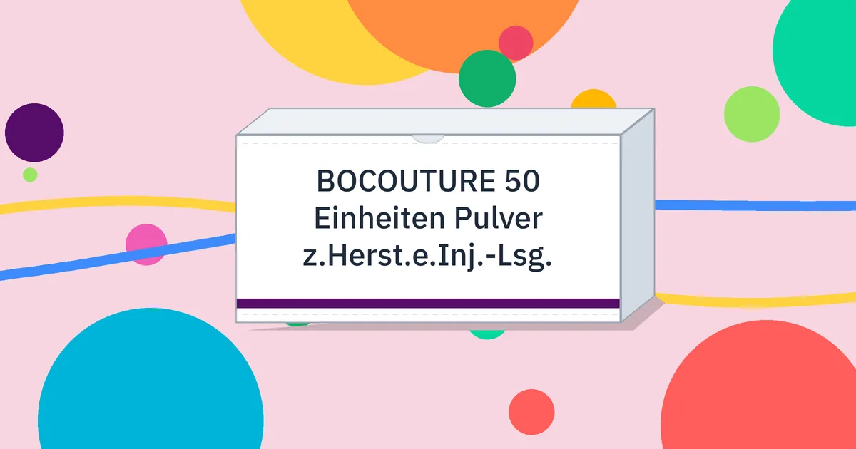 Symbolbild: Packung mit der Aufschrift BOCOUTURE 50 Einheiten Pulver z.Herst.e.Inj.-Lsg. (PZN 17456537) – Verfügbarkeit und Bezug in Apotheken in Frankfurt am Main