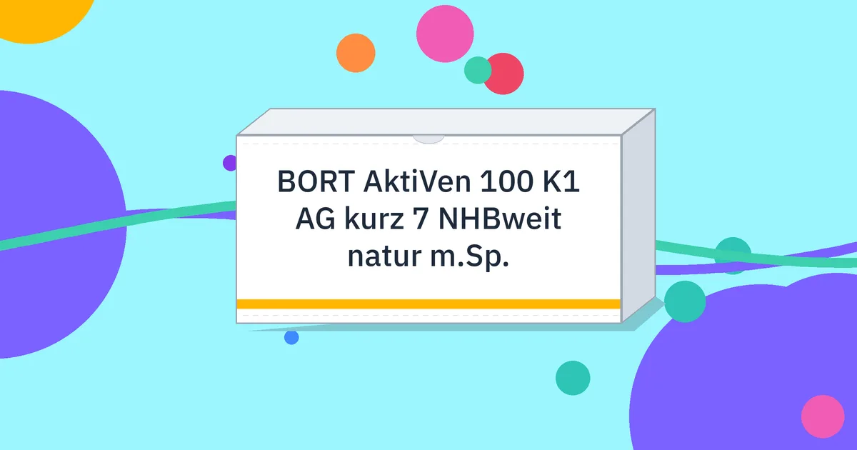 Symbolbild: Packung mit der Aufschrift BORT AktiVen 100 K1 AG kurz 7 NHBweit natur m.Sp. (PZN 13730013) – Verfügbarkeit und Bezug in Apotheken in Frankfurt am Main