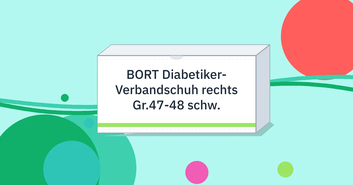 Symbolbild: Packung mit der Aufschrift BORT Diabetiker-Verbandschuh rechts Gr.47-48 schw. (PZN 11581365) – Verfügbarkeit und Bezug in Apotheken in Frankfurt am Main