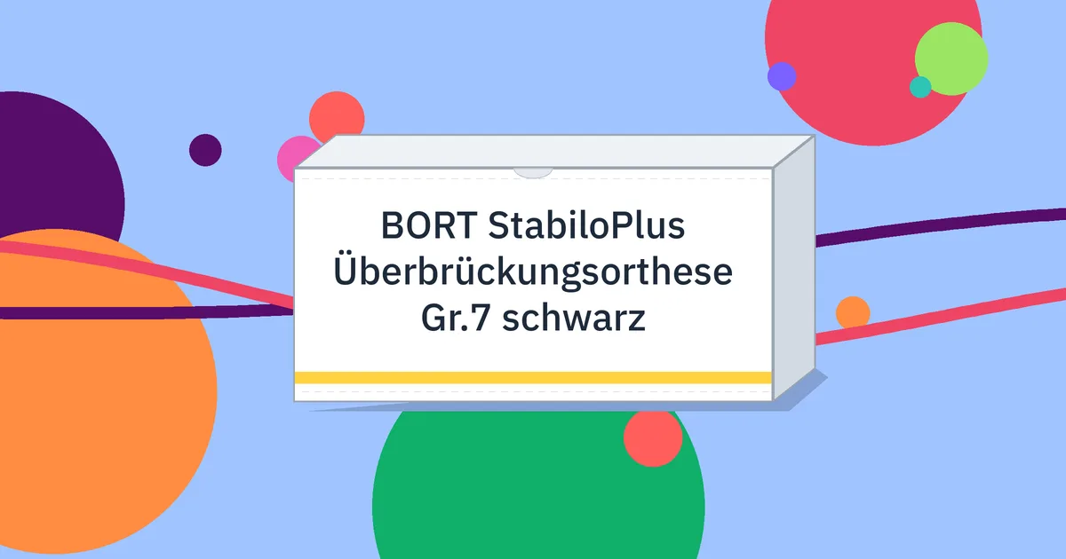 Symbolbild: Packung mit der Aufschrift BORT StabiloPlus Überbrückungsorthese Gr.7 schwarz (PZN 10995248) – Verfügbarkeit und Bezug in Apotheken in Frankfurt am Main