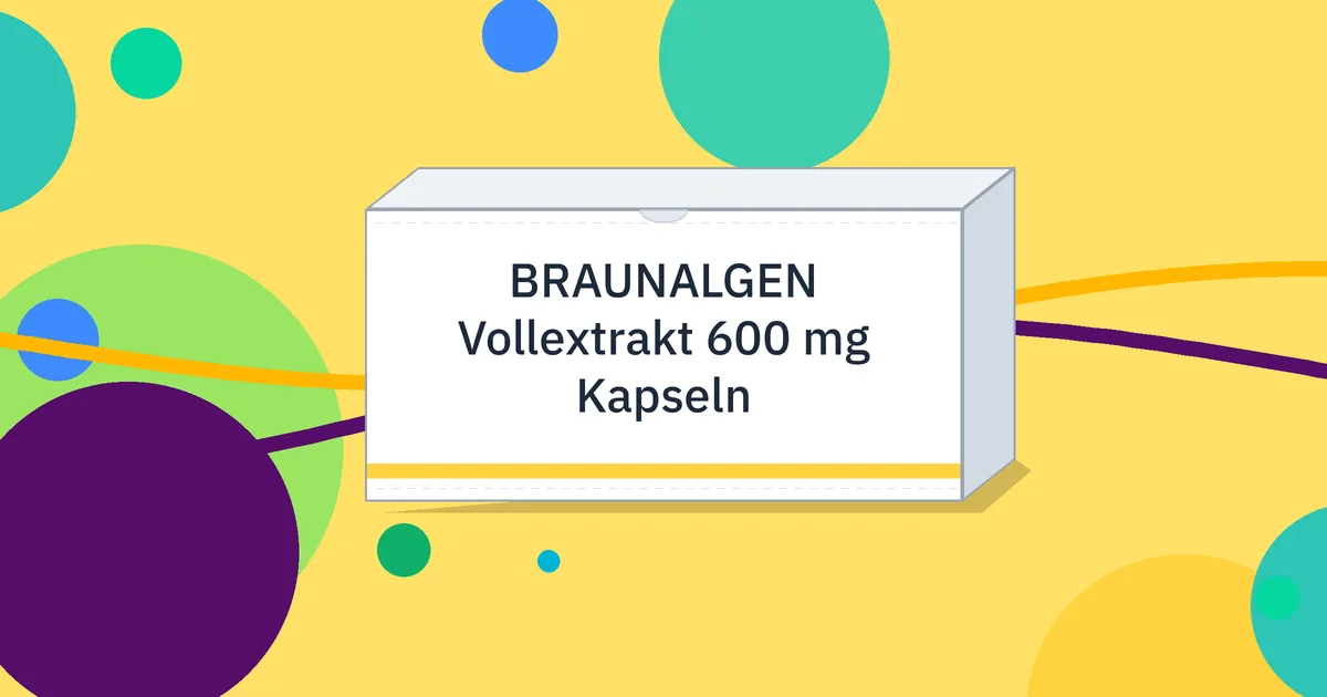Symbolbild: Packung mit der Aufschrift BRAUNALGEN Vollextrakt 600 mg Kapseln (PZN 11008720) – Verfügbarkeit und Bezug in Apotheken in Frankfurt am Main