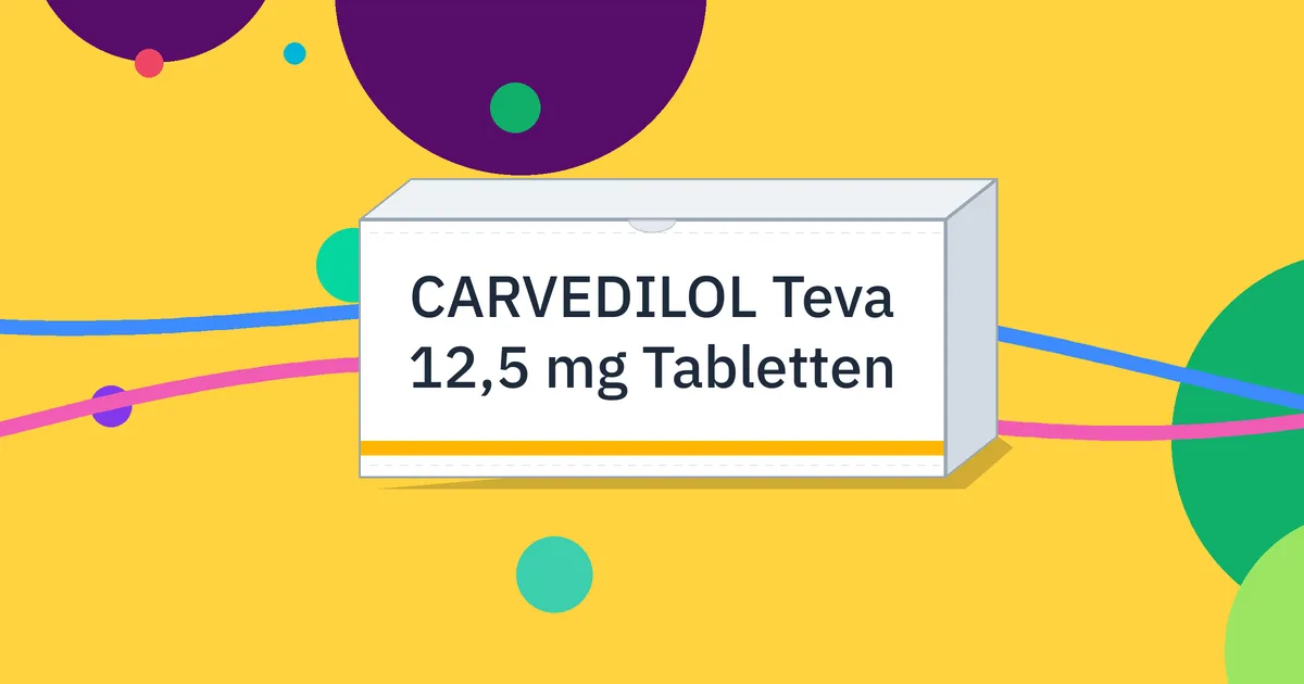 Symbolbild: Packung mit der Aufschrift CARVEDILOL Teva 12,5 mg Tabletten (PZN 01021671) – Verfügbarkeit und Bezug in Apotheken in Frankfurt am Main