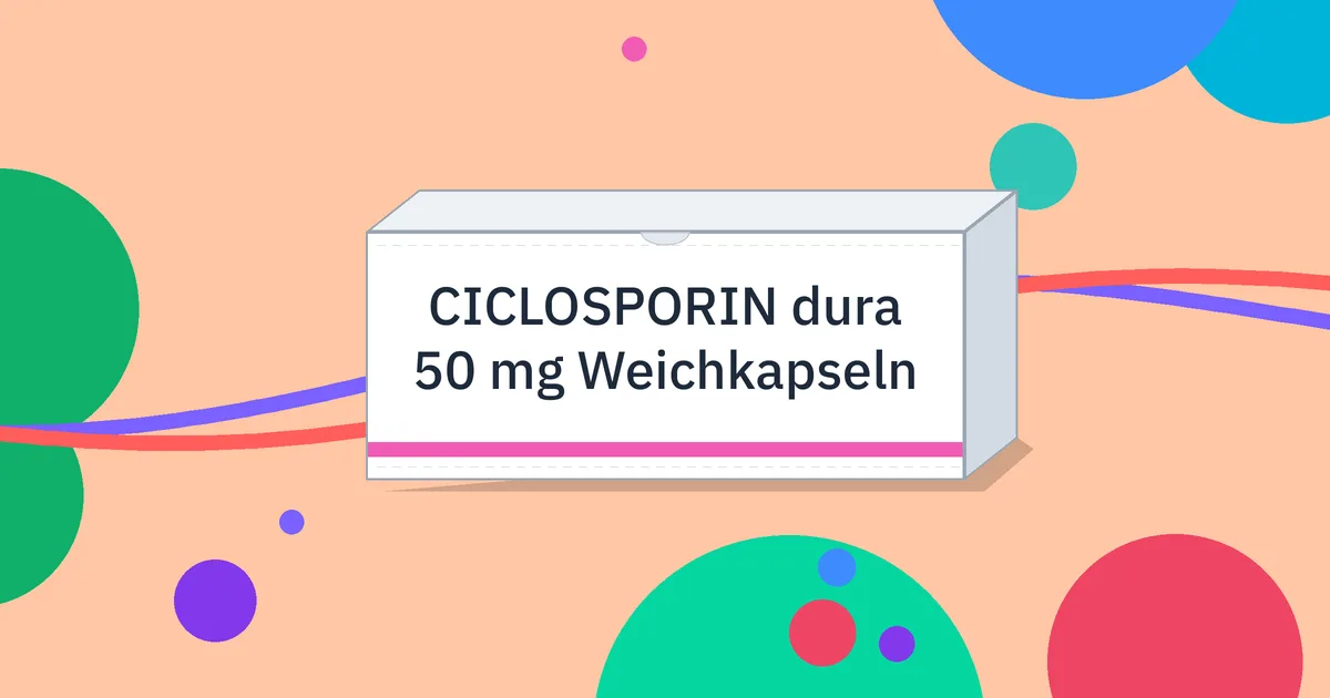 Symbolbild: Packung mit der Aufschrift CICLOSPORIN dura 50 mg Weichkapseln (PZN 19054694) – Verfügbarkeit und Bezug in Apotheken in Frankfurt am Main