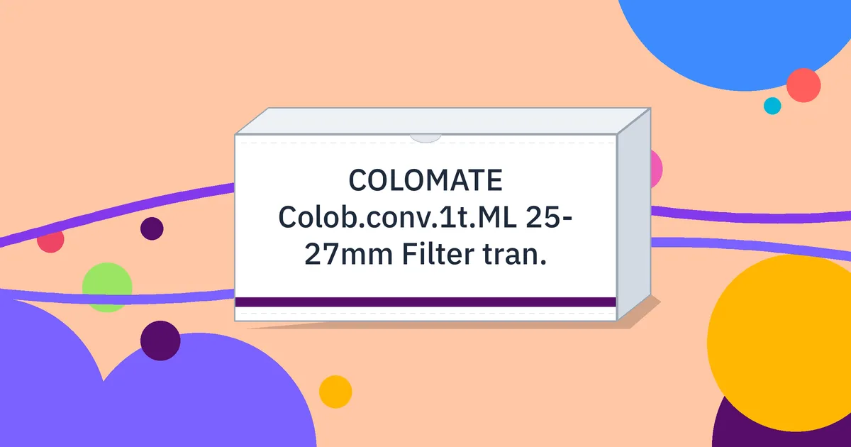 Symbolbild: Packung mit der Aufschrift COLOMATE Colob.conv.1t.ML 25-27mm Filter tran. (PZN 03373210) – Verfügbarkeit und Bezug in Apotheken in Frankfurt am Main