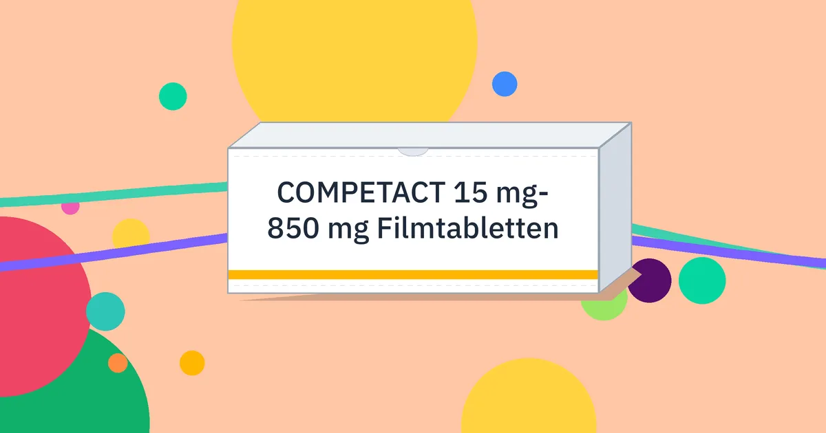 Symbolbild: Packung mit der Aufschrift COMPETACT 15 mg-850 mg Filmtabletten (PZN 08737852) – Verfügbarkeit und Bezug in Apotheken in Frankfurt am Main