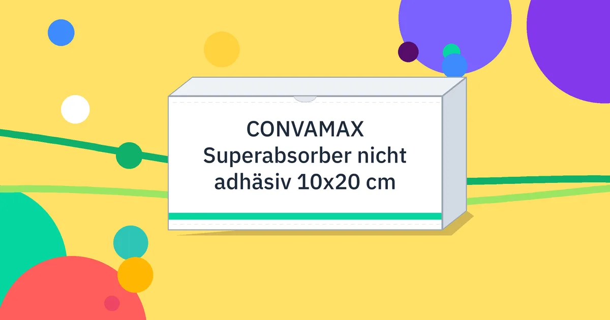 Symbolbild: Packung mit der Aufschrift CONVAMAX Superabsorber nicht adhäsiv 10x20 cm (PZN 20123822) – Verfügbarkeit und Bezug in Apotheken in Frankfurt am Main