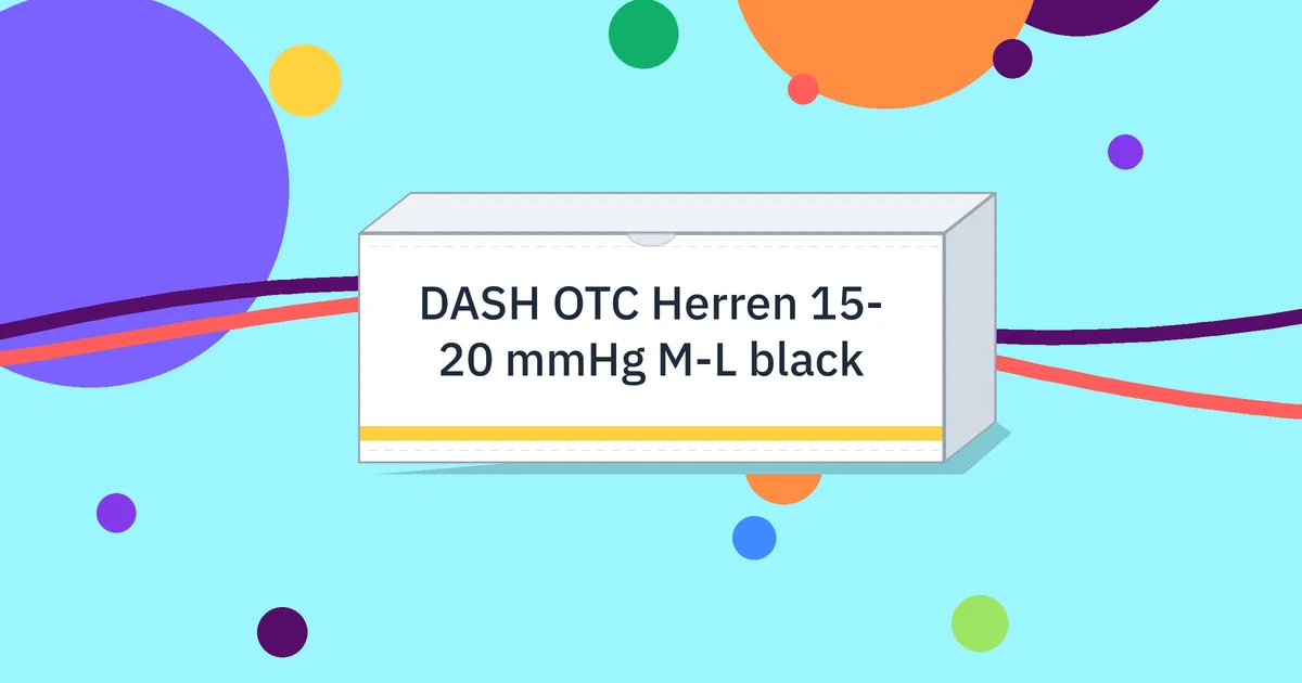 Symbolbild: Packung mit der Aufschrift DASH OTC Herren 15-20 mmHg M-L black (PZN 20112729) – Verfügbarkeit und Bezug in Apotheken in Frankfurt am Main