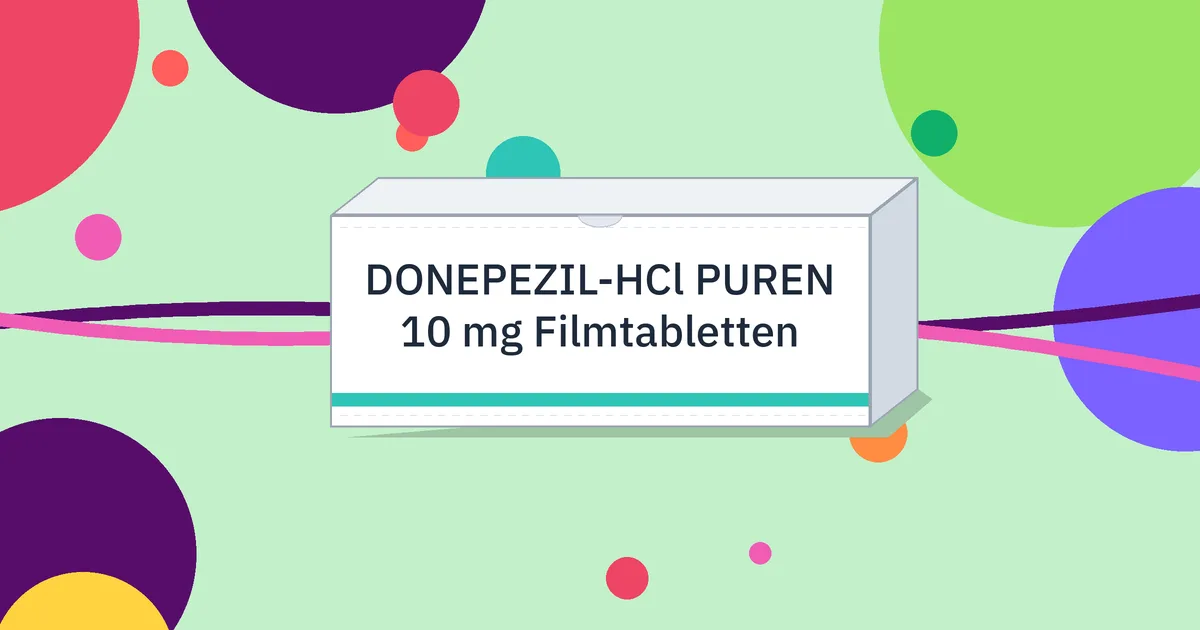 Symbolbild: Packung mit der Aufschrift DONEPEZIL-HCl PUREN 10 mg Filmtabletten (PZN 12774362) – Verfügbarkeit und Bezug in Apotheken in Frankfurt am Main