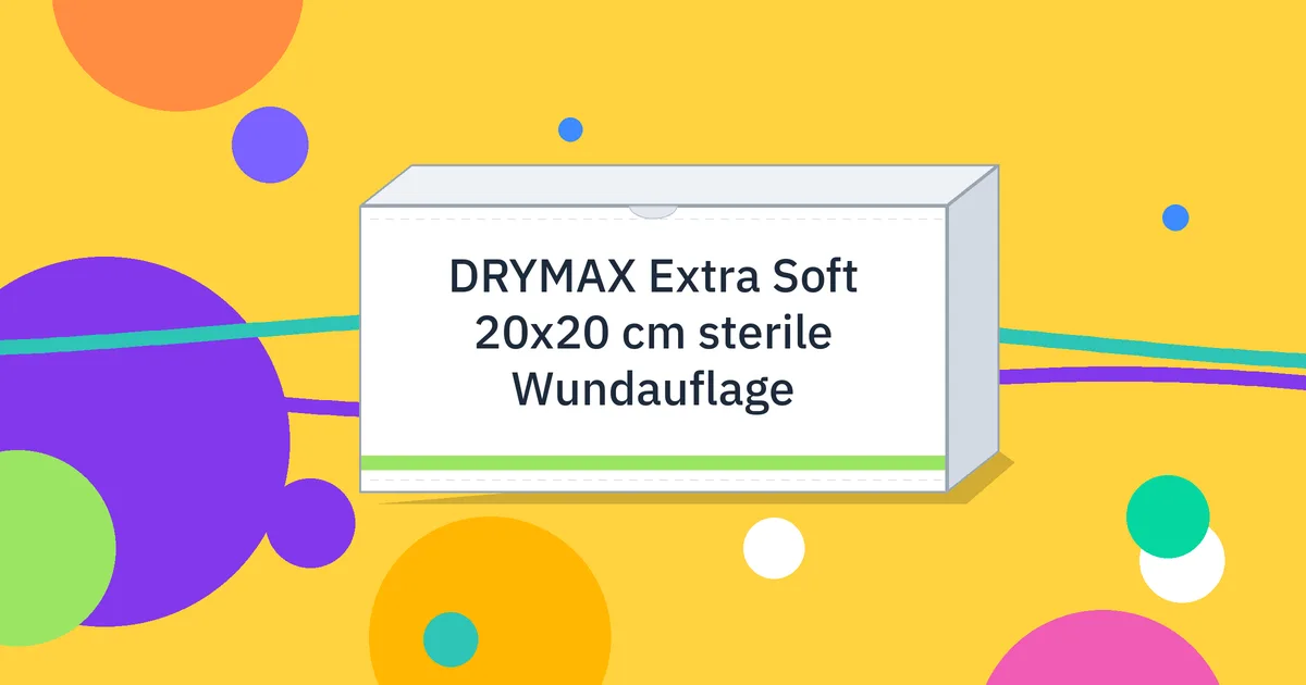 Symbolbild: Packung mit der Aufschrift DRYMAX Extra Soft 20x20 cm sterile Wundauflage (PZN 12869418) – Verfügbarkeit und Bezug in Apotheken in Frankfurt am Main