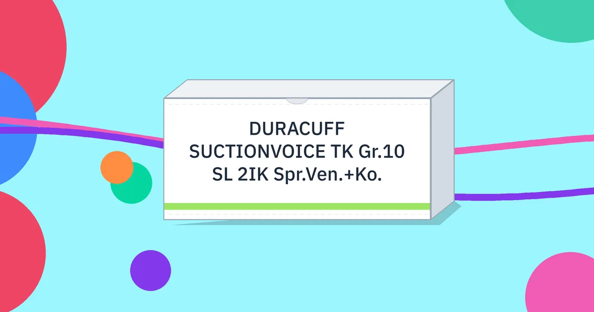 Symbolbild: Packung mit der Aufschrift DURACUFF SUCTIONVOICE TK Gr.10 SL 2IK Spr.Ven.+Ko. (PZN 04960122) – Verfügbarkeit und Bezug in Apotheken in Frankfurt am Main