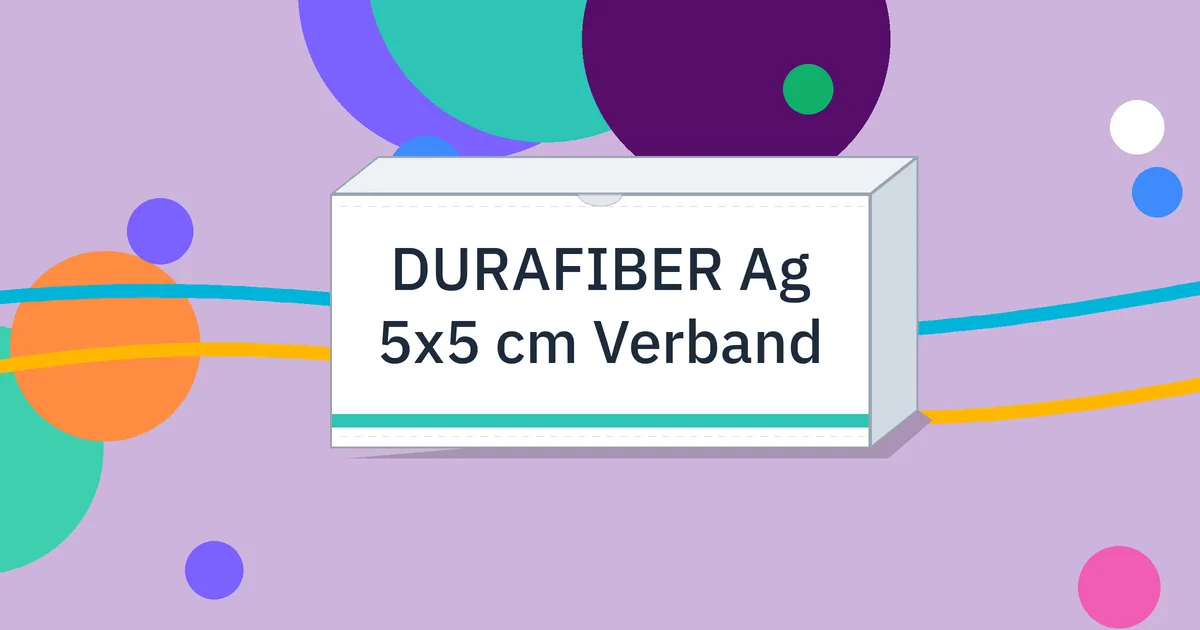 Symbolbild: Packung mit der Aufschrift DURAFIBER Ag 5x5 cm Verband (PZN 16348828) – Verfügbarkeit und Bezug in Apotheken in Frankfurt am Main