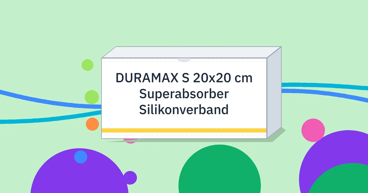 Symbolbild: Packung mit der Aufschrift DURAMAX S 20x20 cm Superabsorber Silikonverband (PZN 19151115) – Verfügbarkeit und Bezug in Apotheken in Frankfurt am Main