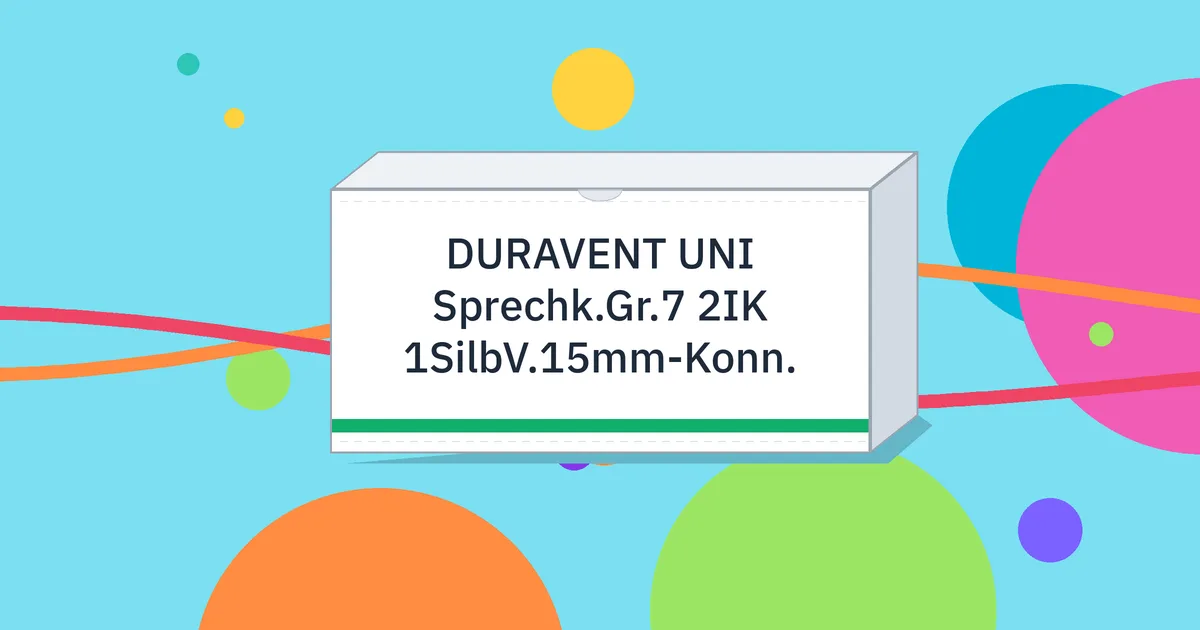 Symbolbild: Packung mit der Aufschrift DURAVENT UNI Sprechk.Gr.7 2IK 1SilbV.15mm-Konn. (PZN 02069160) – Verfügbarkeit und Bezug in Apotheken in Frankfurt am Main