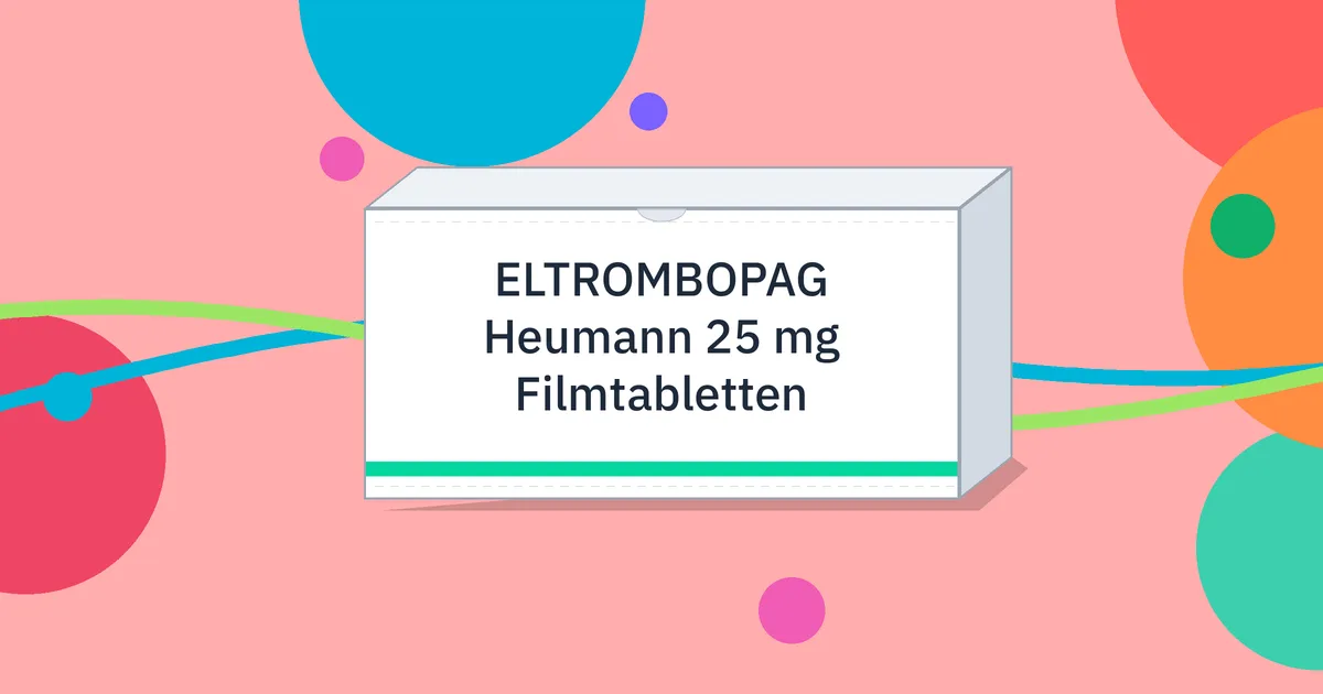 Symbolbild: Packung mit der Aufschrift ELTROMBOPAG Heumann 25 mg Filmtabletten (PZN 19421164) – Verfügbarkeit und Bezug in Apotheken in Frankfurt am Main