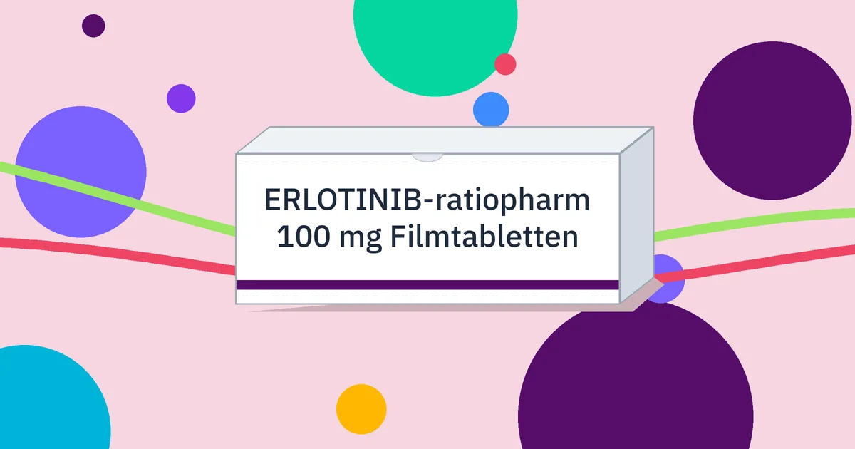 Symbolbild: Packung mit der Aufschrift ERLOTINIB-ratiopharm 100 mg Filmtabletten (PZN 16045424) – Verfügbarkeit und Bezug in Apotheken in Frankfurt am Main